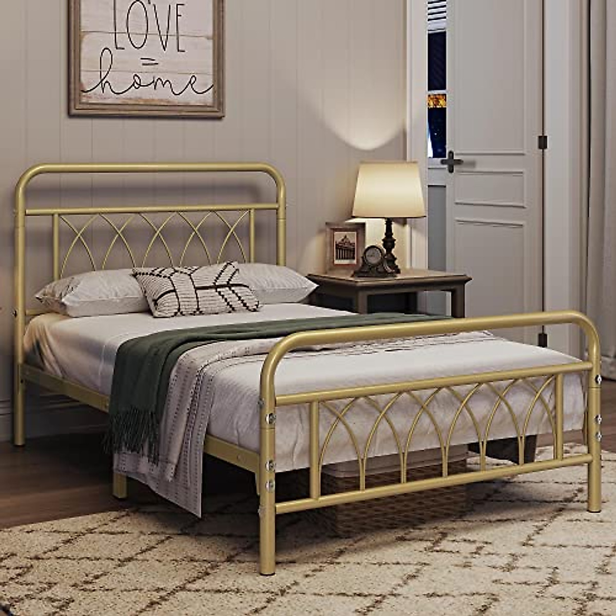 Yaheetech Twin Bed Frame Metal Platform Bed with Petal Accented Headboard/Footboard/14.4 Inch Under Bed Storage/No Box Spring Needed,Antique Gold