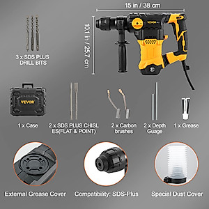 VEVOR 1-1/4 Inch SDS-Plus Rotary Hammer Drill, 13Amp Corded Drills, Heavy Duty Chipping Hammers w/Vibration Control & Safety Clutch, Electric Demolition Hammers Variable Speed-Including 3 Drill & Case