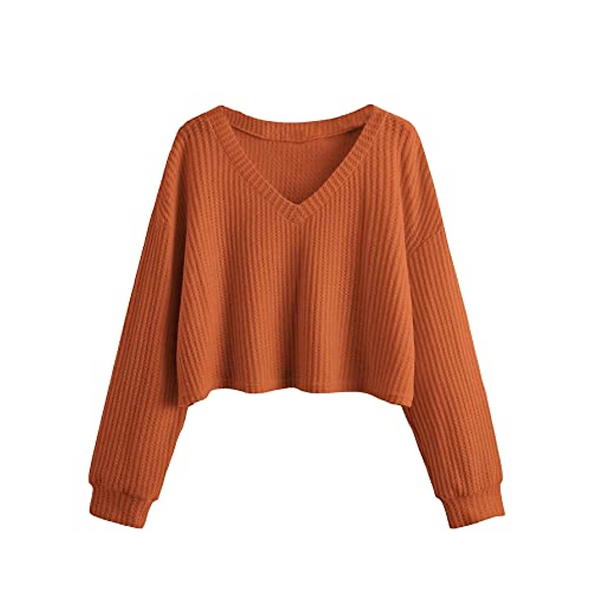 SOLY HUX Women's Plus Size Long Sleeve Crop Tops V Neck Pullover Drop Shoulder T Shirts Waffle Knit Tees Pure Orange 4XL