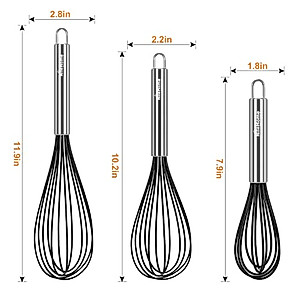 NileHome Whisk Commercial Whisks Stainless Steel & Silicone Non-Stick Coated Small Whisk Set 8" 10" 12" Kitchen Wisk Wire Whisks for Cooking 3 Pack, Black