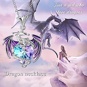 Dragon Necklace Sterling Silver Purple Wyvern Necklace with Heart Shaped Crystal Jewelry Gift for Women