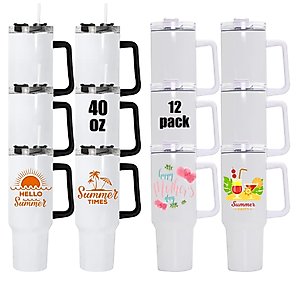 Icesip 12pack 40oz sublimation tumbler with Handle and Straw,Stainless Steel Double Wall Vacuum Insulated Travel Mug Cup Tumblers for Diy Craft Heat Press Print- Black & White Handle