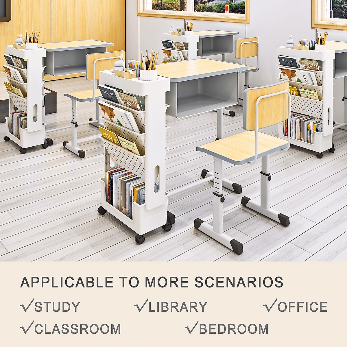 yeavs 5-Tier Mobile Bookshelf, Rolling Bookcase Book Storage Rack, Movable File Folder Organizer Cart with Wheels for Home Study Office Living Room Classroom, Pink