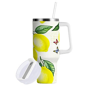 RPLIFE Juicy Lemons Butterfly White Stainless Steel Cup, Insulated Cup with Straw, Coffee Tumbler for Women