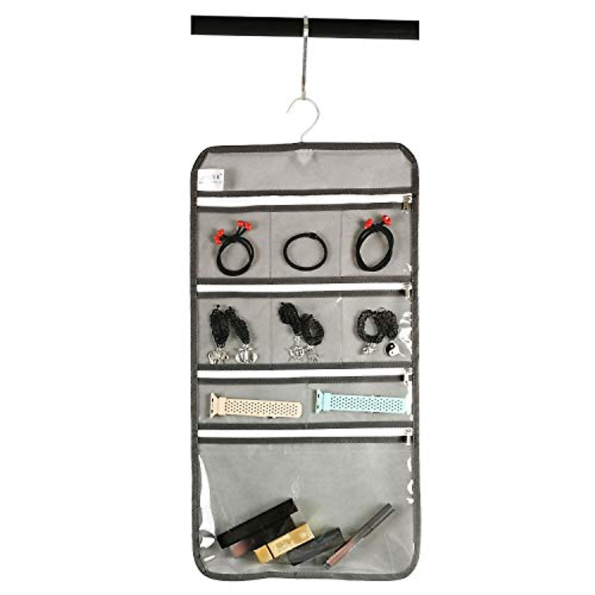 ANIZER Travel Foldable Jewelry Rolls Bag Hanging Jewelry Organizer with 9 Zippered Clear Pockets Storage Pouch with Rotatable Hanger (GREY)