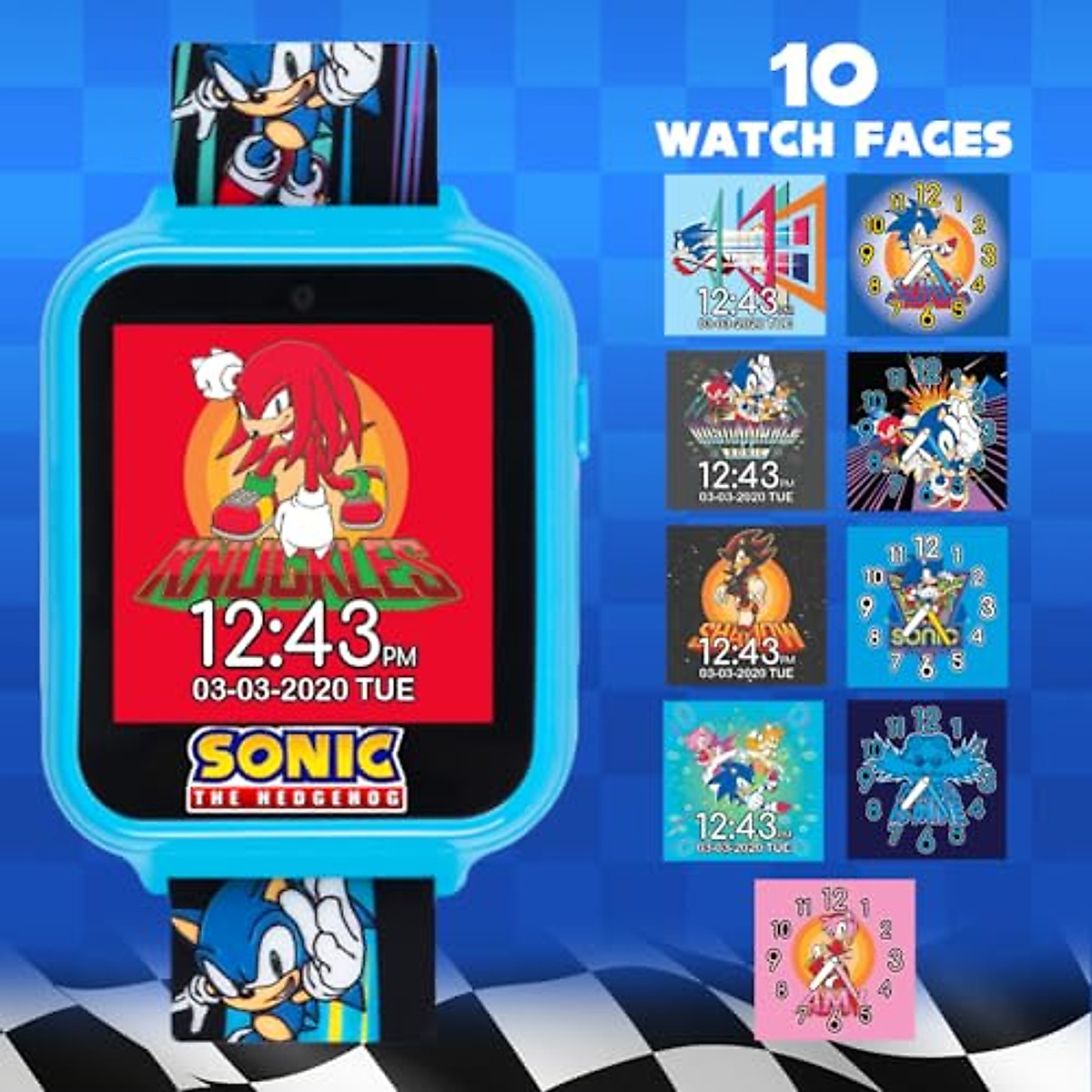 Accutime Kids SEGA Sonic The Hedgehog Blue Educational Touchscreen Smart Watch Toy for Boys, Girls, Toddlers - Selfie Cam, Learning Games, Alarm, Calculator, Pedometer (Model: SNC4141AZ)