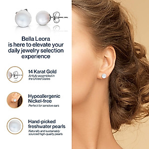 BELLA LEORA Round White AAA Freshwater Real Pearl Earrings - Great Holiday Gift for Women - 14k White Gold with Genuine Cultured Pearls, 7mm-7.5mm Hypoallergenic