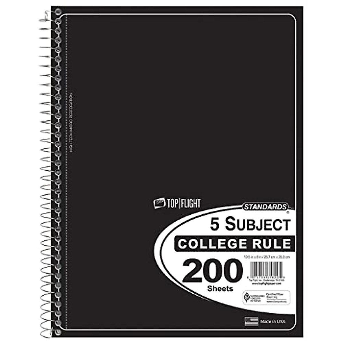 Top Flight Standards 5-Subject Wirebound Notebook, 200 Sheets, 3-Hole Punched, College Rule, 10.5 x 8 Inches, 1 Notebook, Color May Vary (31820)