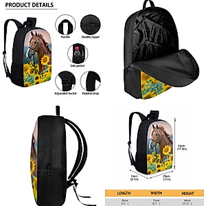 Renewold Sunflower Horse Print School Bag Set of 3, Childrens Backpack Boys Girls School Bags with Drinks Side Pocket and Lunch Box Bag Pencil Case Set Bookbag