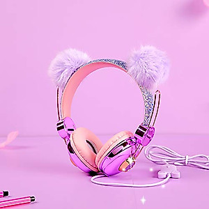 kuyaon Kids Headphones with Microphone for Girls Children Teens, Cute Bear Ear Headphones with Adjustable Headband, 3.5mm Jack Wired Over Ear Headphones for School Travel Birthday Gifts (Purple)