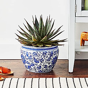 Oriental Furniture 12" Floral Blue & White Porcelain Fishbowl