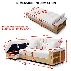 mikibama L-Shaped Sofa Couch with Storage Chaise & Arms,Convertible Sleeper Sofa Bed with Drawers,Linen Upholstered Small Couch Bed for Small Spaces,RV,Apartment,Bedroom. (Linen, Off White)