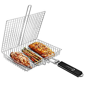 JY COOKMENT Grill Basket Stainless Steel with Portable Removable Handle, Grilling Basket-BBQ Accessories for Vegetable, Shrimp, Fish, Steak and Outdoor Use-Dishwasher Safe