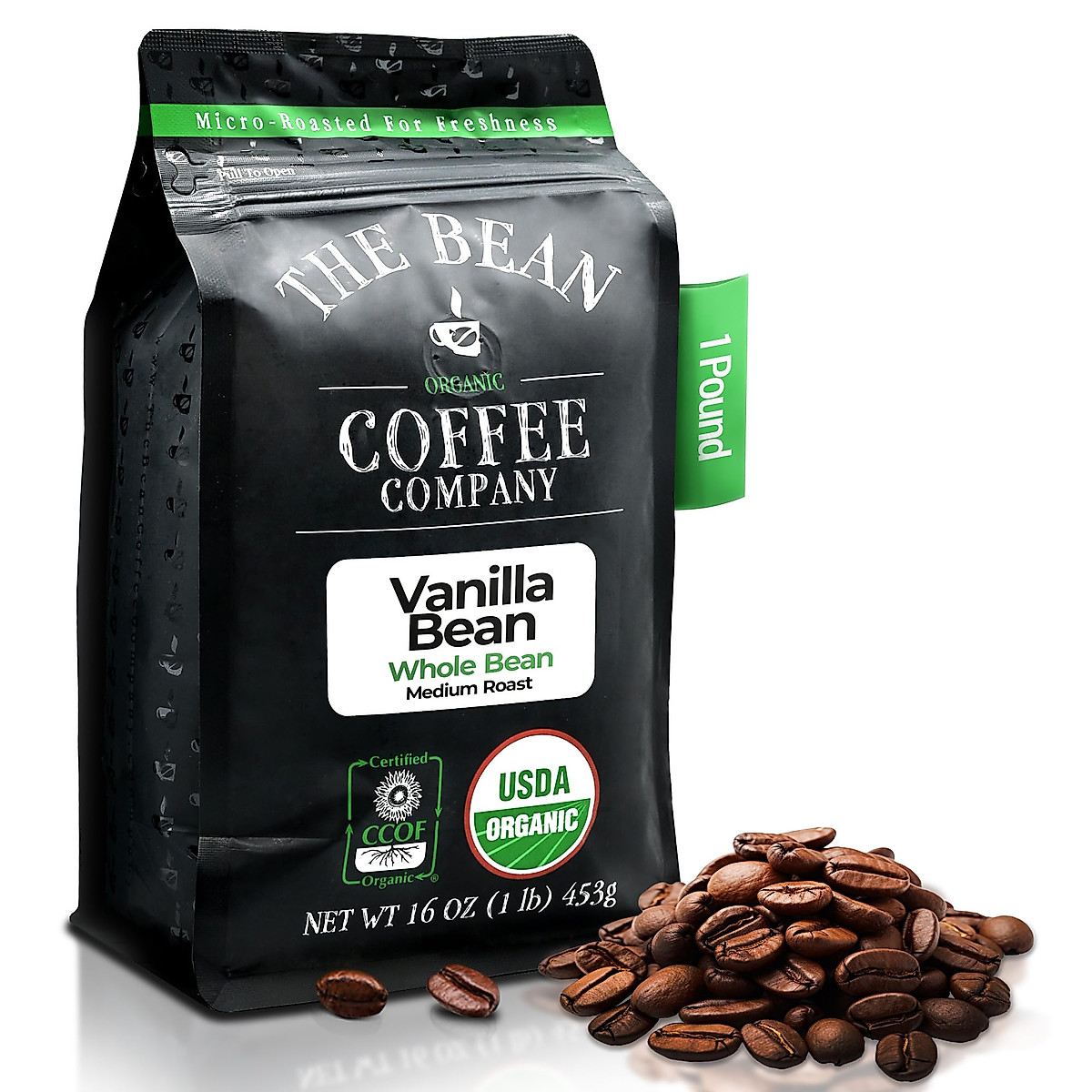 The Bean Organic Coffee Company Vanilla Bean, Medium Roast, Whole Bean Coffee, 16-Ounce Bag