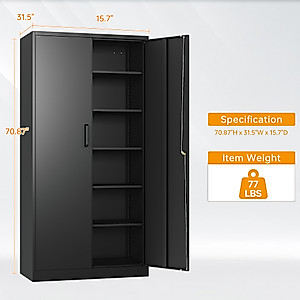 STANI Metal Garage Storage Cabinet with Lock, 71" Steel Lockable File Cabinet, Locking Steel Storage Cabinet with 4 Adjustable Shelves for Home, Office, Warehouse, Garage, School (Black)