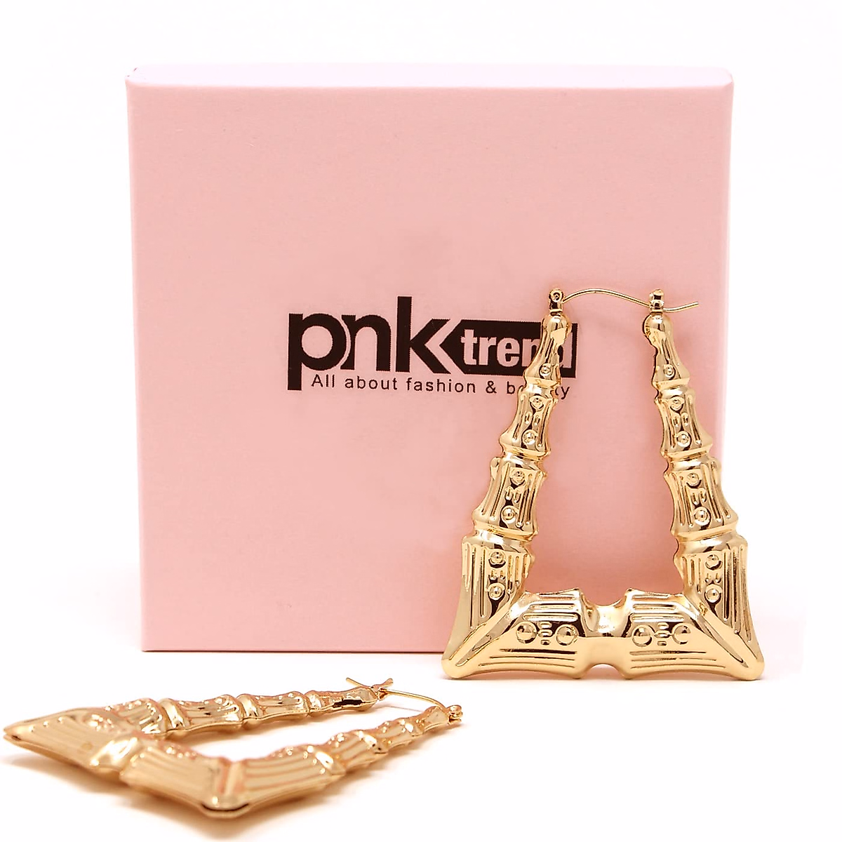 Pnk Trend Gold Tone Hollow Casting Hip-Hop Oversized Triangle Bamboo Large Hoop Earrings for Women, 50 mm/ 2 Inches with Gift Jewelry Box