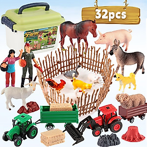 EnAuRoL 32PCS Farm Playset for Toddlers 1-3 Plastic Animal Figures Toys Double Farm Tractor Toys for Kids 3-5 Storage Box Ideal Festivals Birthday Gift