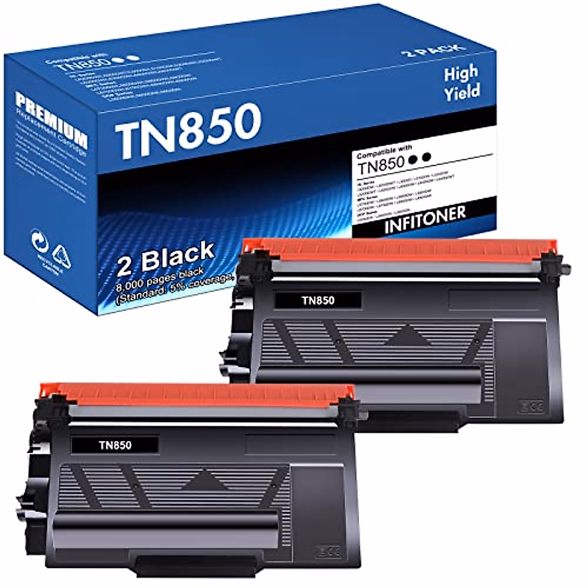 TN850 TN 850 High Yield Toner Cartridge 2 Pack Compatible Replacement for Brother TN850 TN-850 TN820 HL-L6200DW MFC-L5850DW L5900DW MFC-L5700DW HL-L5200DW MFC-L5900DW MFC-L6800DW Printer Black