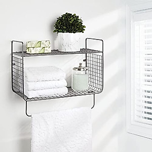 mDesign Steel Wall Mount Towel Rack Storage Organizer Shelf Holder with Towel Bar - for Bathroom, Laundry Room, Kitchen, Garage - Holds Hand Towels, Washcloth - Concerto Collection - Graphite Gray