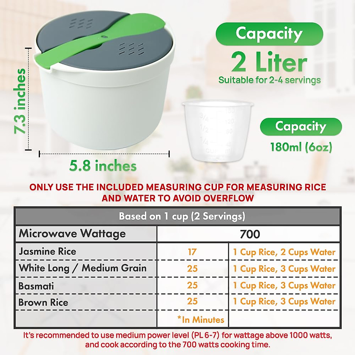 Microwave Rice Cooker 8 Cup Easy-Use Easy-Clean Microwaveable Brown White Rice Pasta Noodle Vegetable Cookware Plastic Rice Cooker Full Set with Lid Spatula Measuring Cup for Meal Prep Cooker