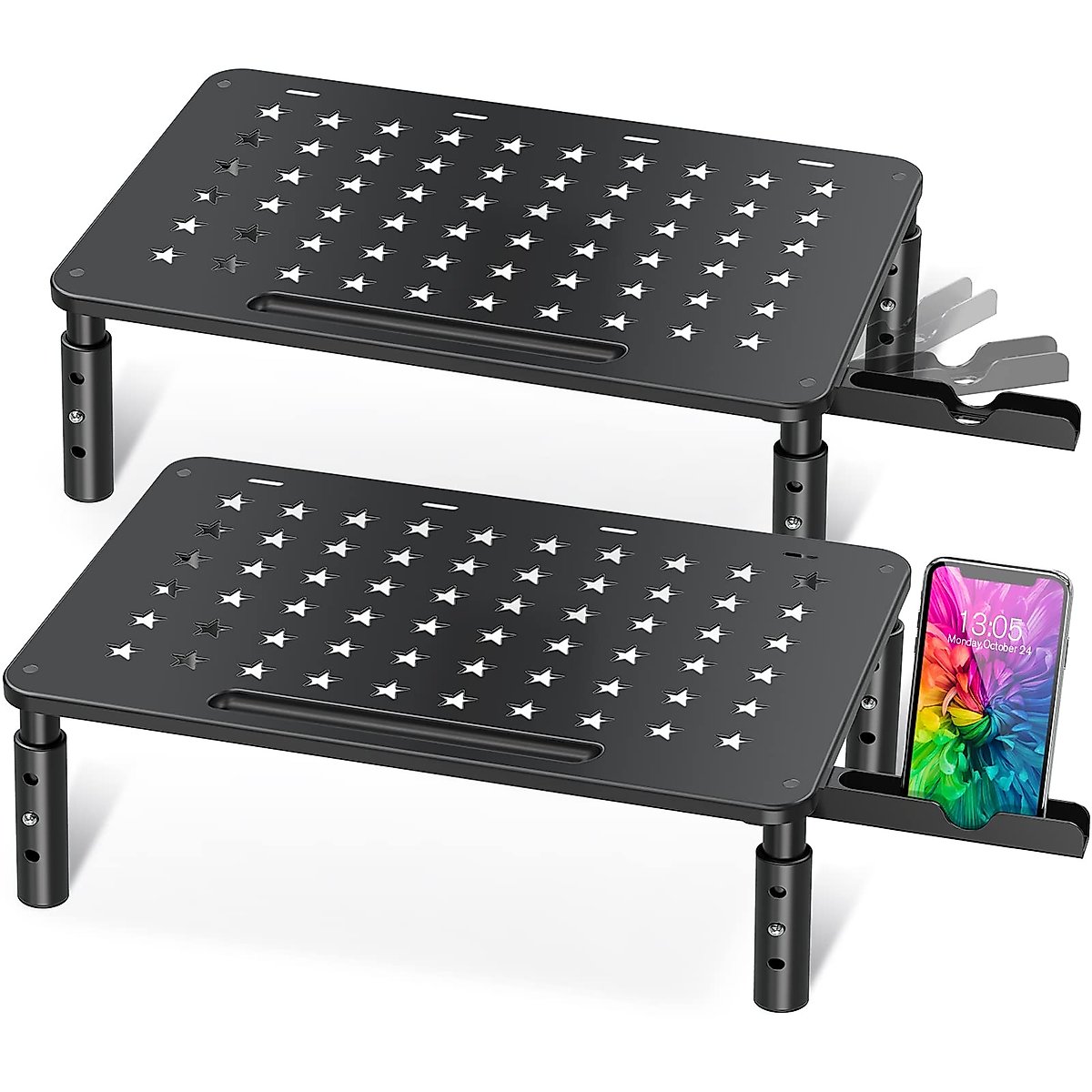 Zimilar 2 Pack Monitor Stand Riser, 3 Height Adjustable Monitor Stand with Unique Star Mesh for Computer + Dual Monitor Stand Riser, Monitor Stand with Adjustable Length and Angle, Wood Monitor riser