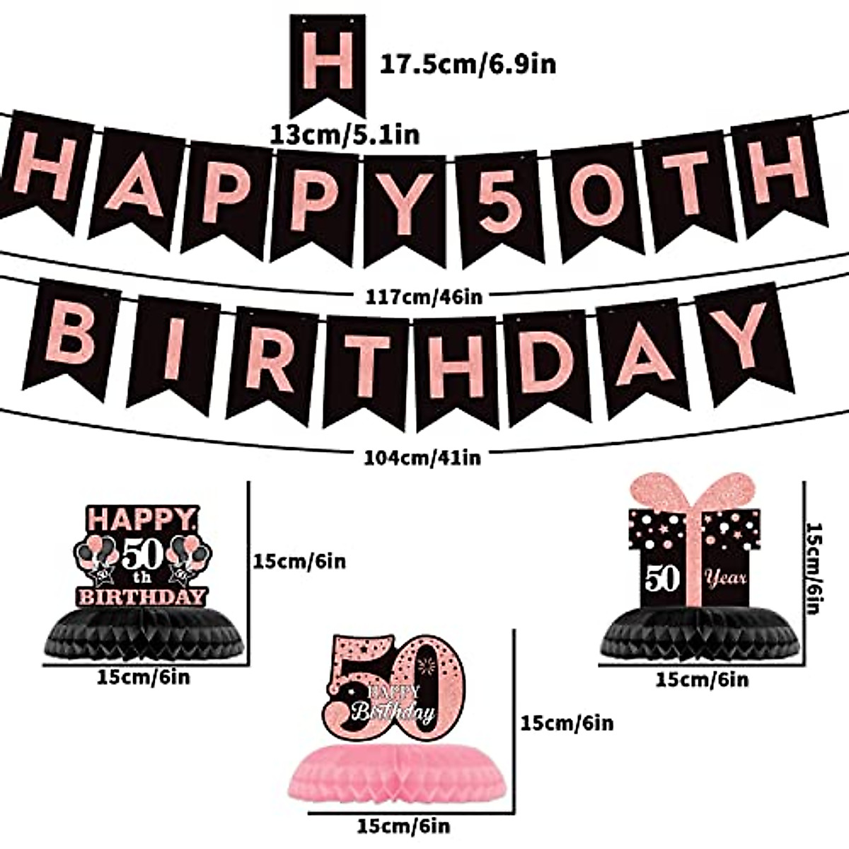 50th Glitter Rose Gold Birthday Banner Party Decorations, Happy 50th Birthday Decorations Hanging Swirls Banner Honeycomb Centerpieces for Women Happy 50 Years Old Bday Party