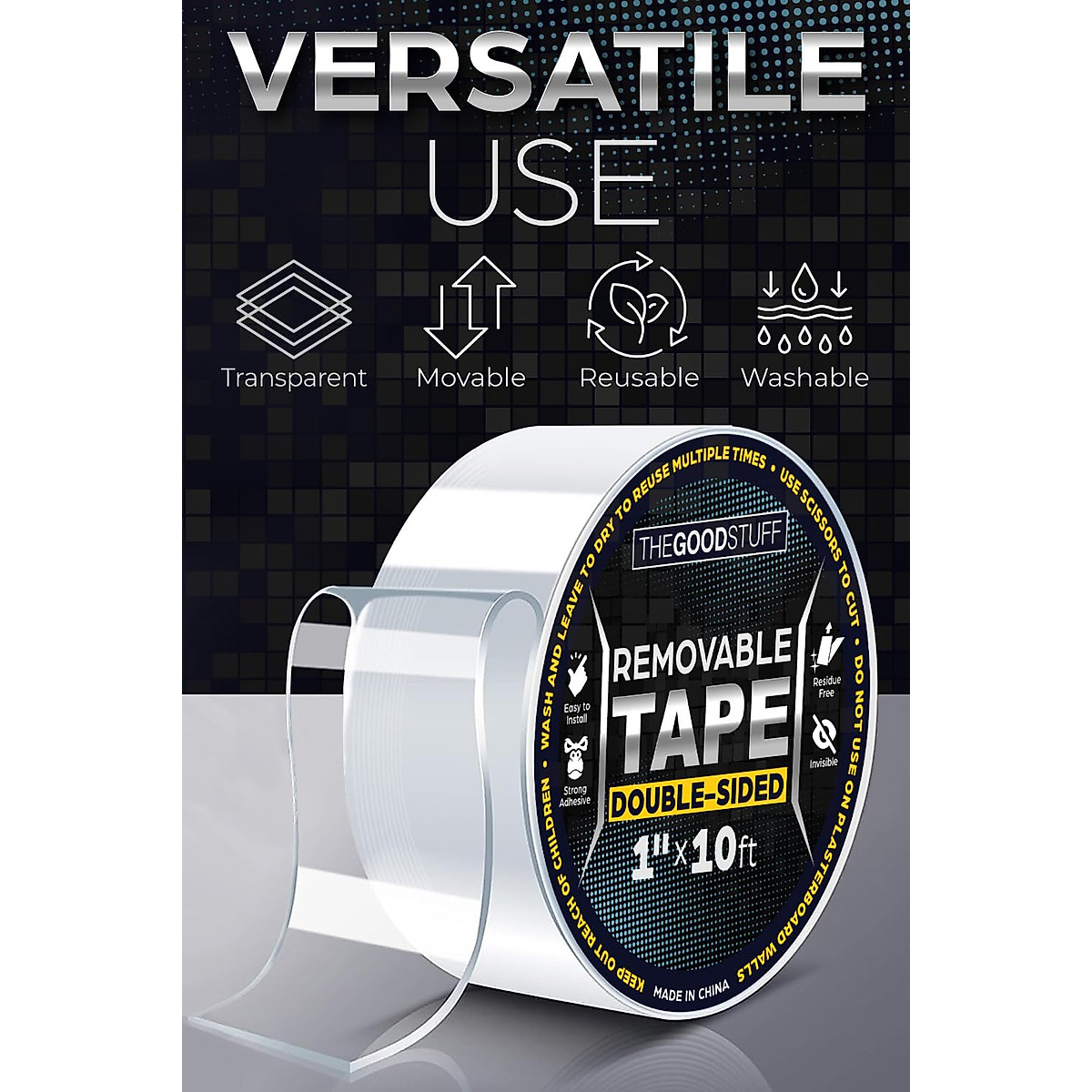 The Good Stuff Nano Double Sided Tape [1" x 10ft] - Reusable Double Sidestick Tape Heavy Duty, Strong Tape Heavy Duty for Mounting to Tiles, Wood, and Glass Walls, Rug and Carpet Tape
