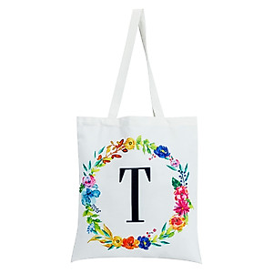 Okuna Outpost Set of 2 Reusable Monogram Letter T Personalized Canvas Tote Bags for Women, Floral Design (29 Inches)