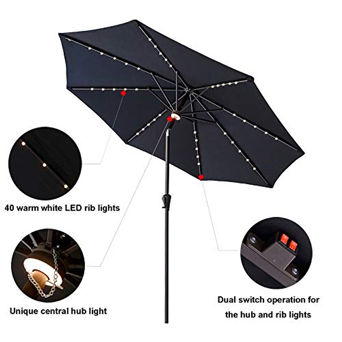 C-Hopetree 11 ft Outdoor Patio Market Table Umbrella with Solar LED Lights and Tilt, Black