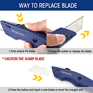 WORKPRO Premium Utility Knife, Retractable All Metal Heavy Duty Box Cutter, Quick Change Blade Razor Knife, with 10 Extra Blades, Set of 3 (Black, Red, Blue)