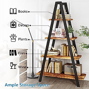Recaceik 4-Tier Bookshelf, A-Shaped Bookcase Industrial Ladder Shelf Open Display Shelves with Metal Frame, Freestanding Plant Stand Book Shelf Open Storage Organizer for Living Room, Home Office