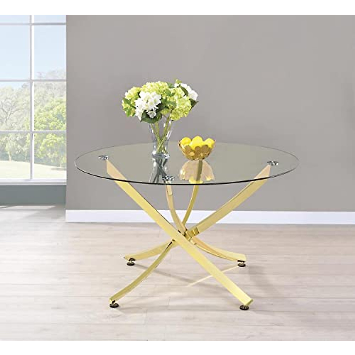 Coaster Furniture Beckham Modern Contemporary Round Dining Table Tempered Glass Top Asterisk Metal Base Polished Brass 108441
