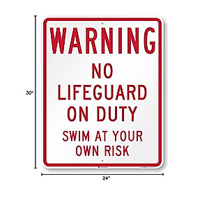 SmartSign 30 x 24 inch “Warning - No Lifeguard On Duty, Swim At Your Own Risk” Metal Sign, 80 mil Aluminum, 3M Laminated Engineer Grade Reflective Material, Red and White, Made in USA