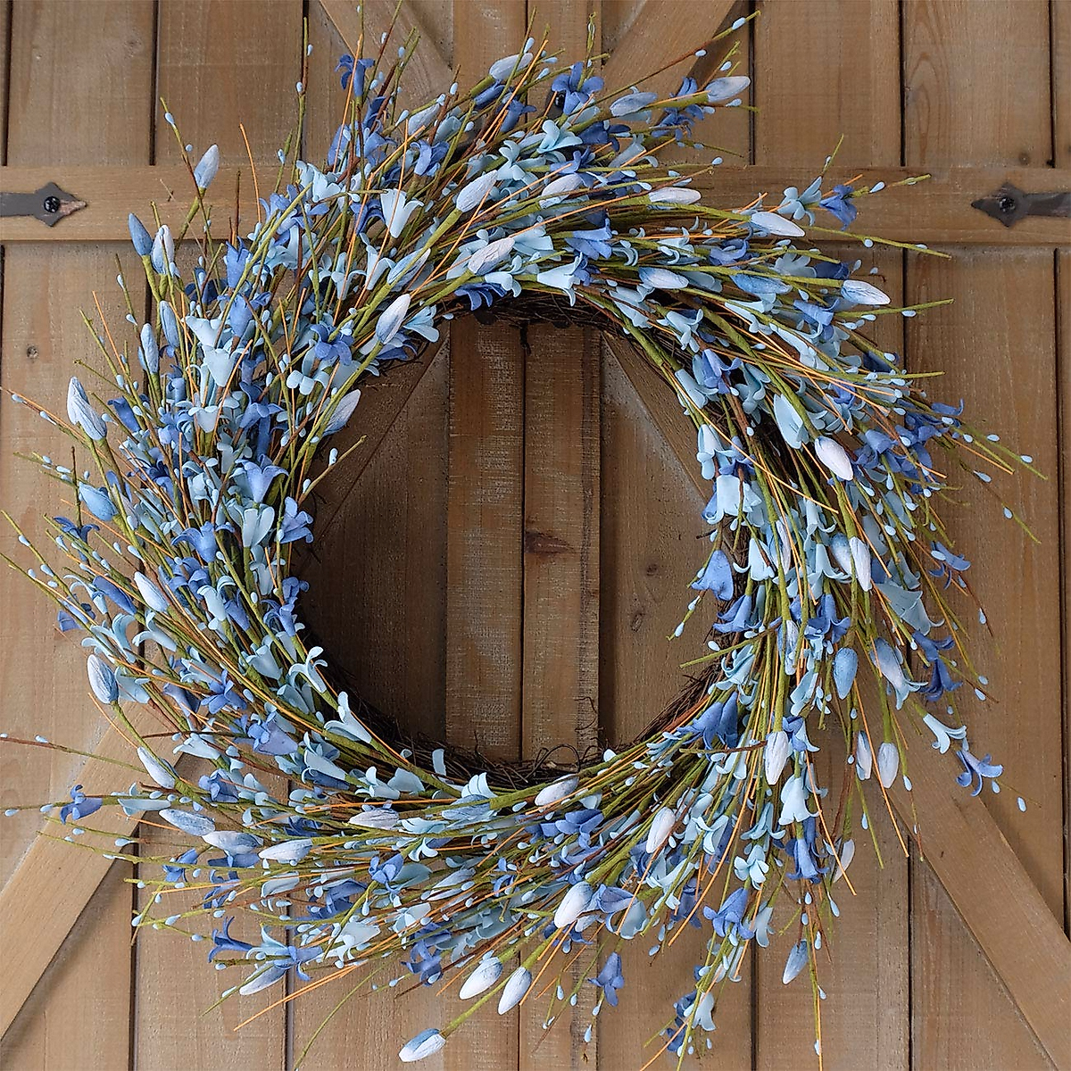 Bibelot 18inch Artificial Forsythia Flower Wreath, All Year Around Wreath for Front Door, Wedding Window Home Wall Indoor Front Door Decor (Blue, 18in)