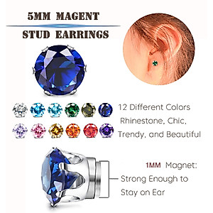 ORAZIO 12 Pairs Magnetic Stud Earrings for Men Women Non-piercing Rhinestone Magnet Earrings Stainless Steel Magnetic Clip on Nose Stud Earrings Set