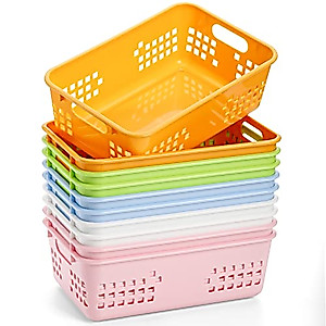 Jucoan 10 Pack Plastic Storage Basket, 10.5 x 7 x 3.5 Inch Colorful Plastic Classroom Storage Organizer Tray Bin with Handles for Drawer, Closet, Bathroom Kitchen, 5 Colors
