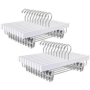 Amber Home White Wooden Pants Skirts Hangers 24 Pack, Solid Wood Trousers Bottom Hanger with 2-Adjustable Clips, Clips Hangers for Slacks, Jeans, Shorts (White, 24 Pack)