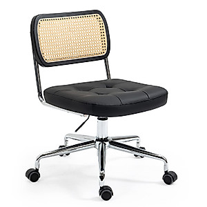 Newnno Mid Century Modern Home Office Chair with Wheels, Armless Leather Desk Chair Rattan Chair, Upholstered Adjustable Height Task Chair Swivel Computer Chair, Black