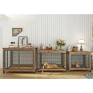 IchbinGo Dog Crate Furniture, Wooden Dog Crate Table, 43.7" Dog Kennel with 3 Doors, Flip-up Top Opening and Wheels, Decorative Pet Crate House for Large/Medium/Small Dog Indoor Use (Rustic Brown)
