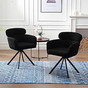 Zesthouse Sherpa Desk Chair No Wheels, Swivel Vanity Chair for Girls Women, Modern Accent Armchair with Extra Backs, Upholstered Computer Task Chair for Living Room Bedroom, Black