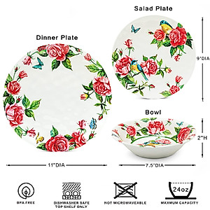 LEHAHA 12 Pcs Melamine Dinnerware Sets, Rose Flower Plates and Bowls Sets, Set of 4 Spring Floral Dishes Dinnerware Set, Great For Valentine's Day,Christmas, Mother's Day and Daily Use, Red Rose