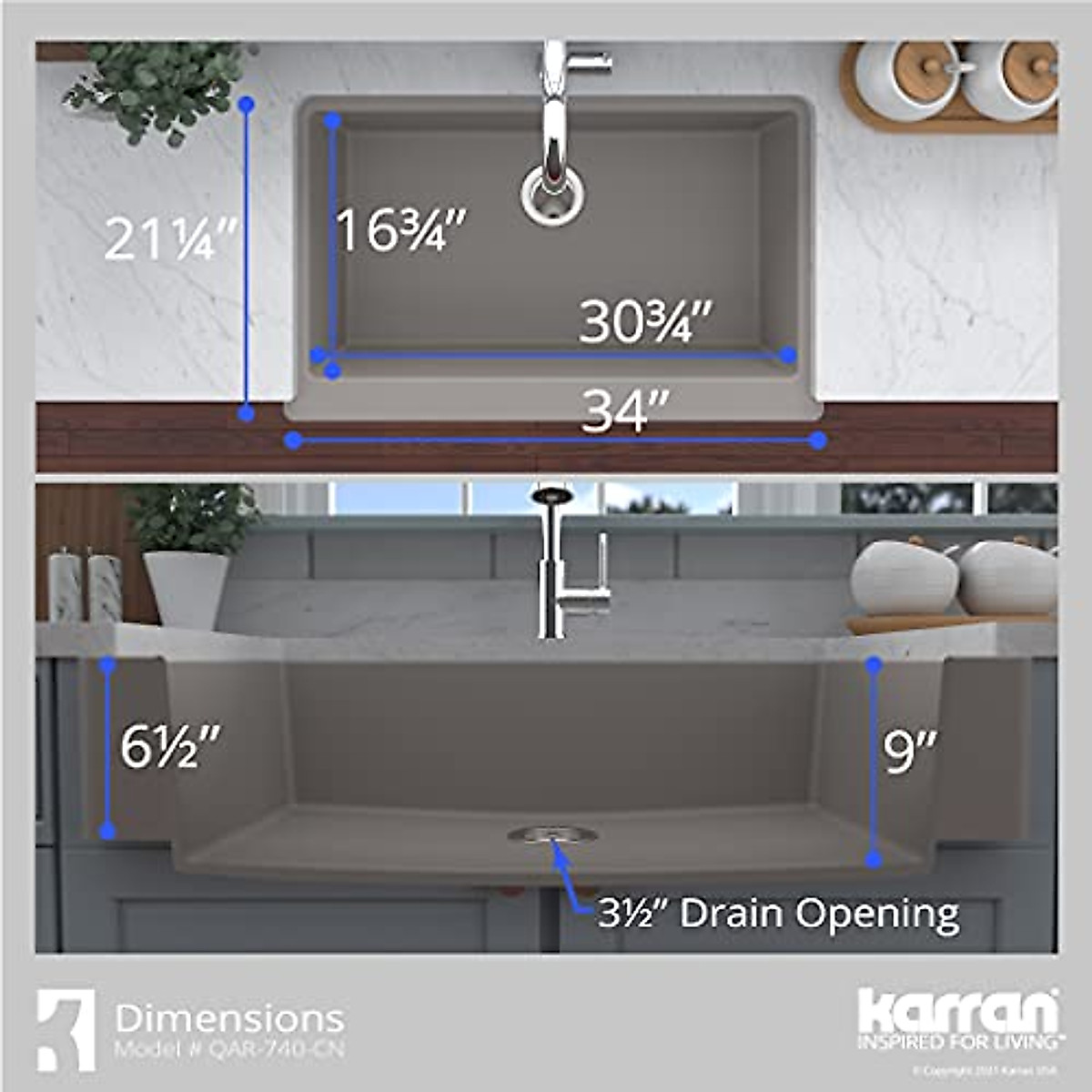 Karran QAR-740 Retrofit Farmhouse/Apron-Front Quartz Composite 34 in. Single Bowl Kitchen Sink Kit in Concrete