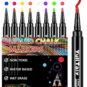 YullTaiy Chalk Markers for Blackboard - Chalkboard Markers, Fine Tip Wet Erase Markers, Liquid Chlak Pens for Chalk board, First & Last Day of School Board, Window, Glass, Mirror (8 Color)