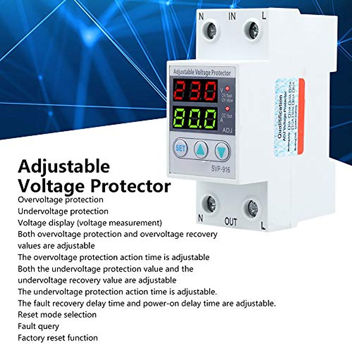 SVP‑916 100‑130VAC Adjustable Over and Under Voltage Protector Plastic Delay Reset Protector Voltage Protective Device(40A)
