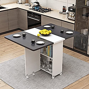 ZOUXIKOU Folding Dining Table Drop Leaf Table with 6 Wheels, Kitchen Table with 2-Layer Storage Shelves, Multifunctional Extension Space Saving Dinner Table for Bedroom Dining Room Home