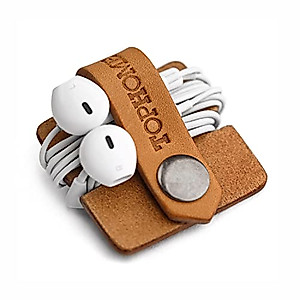TOPHOME Cord Organizer Earbud Holder Earphones Headphones Winder Keeper Earbuds Case Storage Wrap Headset Genuine Leather Cable Organizer, Orange Yellow