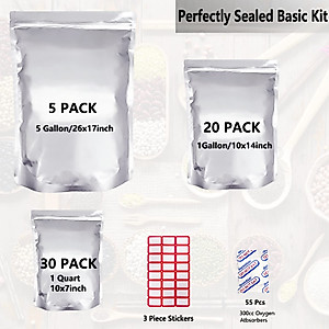 55 PCS 5 Gallon Mylar Bags For Food Storage, Mylar Bags With Oxygen Absorbers - 300CC×60, Large Aluminum Mylar Bags 5 Gallon 24"x18", 1 Gallon 10"x14", 1 Quart 10"x7"