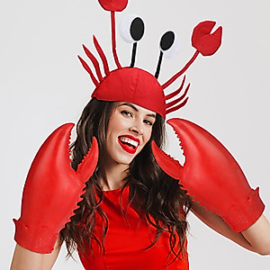 Newcotte 2 Pcs Halloween Crab Lobster Costume Set Funny Hat Latex Giant Crab Claws Gloves for Men Women Cosplay Party(Crab Style)