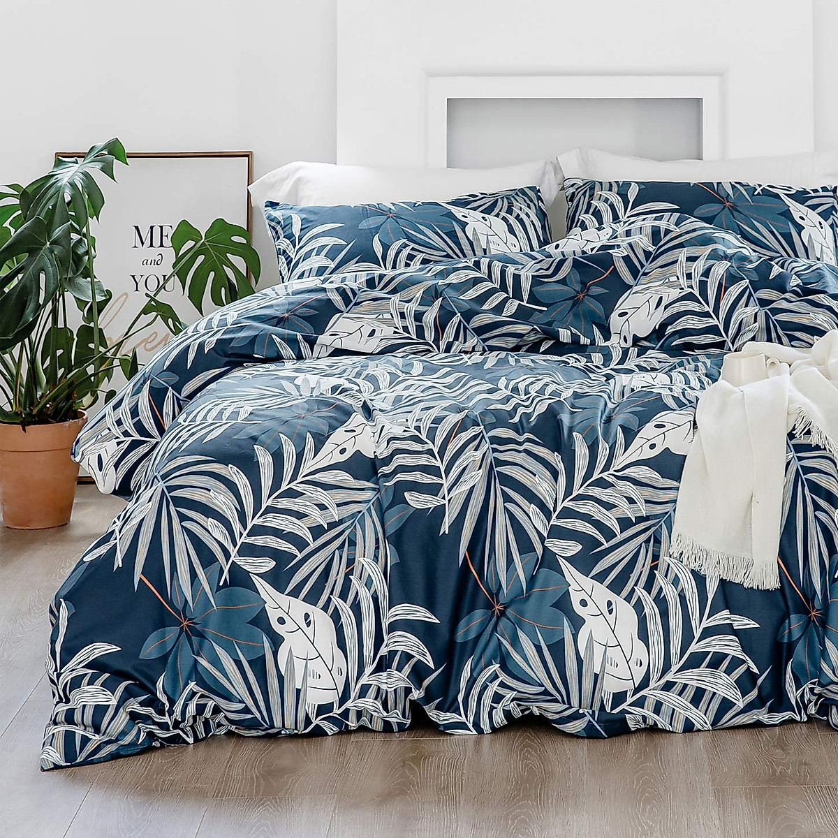 YuHeGuoJi Tropical Duvet Cover King 100% Cotton Blue Botanical Duvet Cover Soft 3 Pcs Set 1 Palm Leaves Plant Print Duvet Cover with Zipper 2 Pillowcases Botanical Bedding Breathable Comfortable