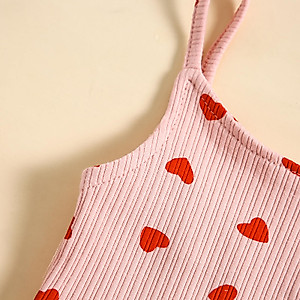 Guodeunh Toddler Baby Girls Bell-Bottoms Jumpsuit Ribbed Sleeveless Spaghetti Straps Romper Heart Print Valentine's Day Outfit (Pink, 4-5T)